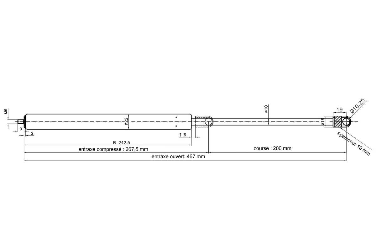 Vérins gaz pour lit abattant vis M6 / oeil 10 mm - longueur 467 mm